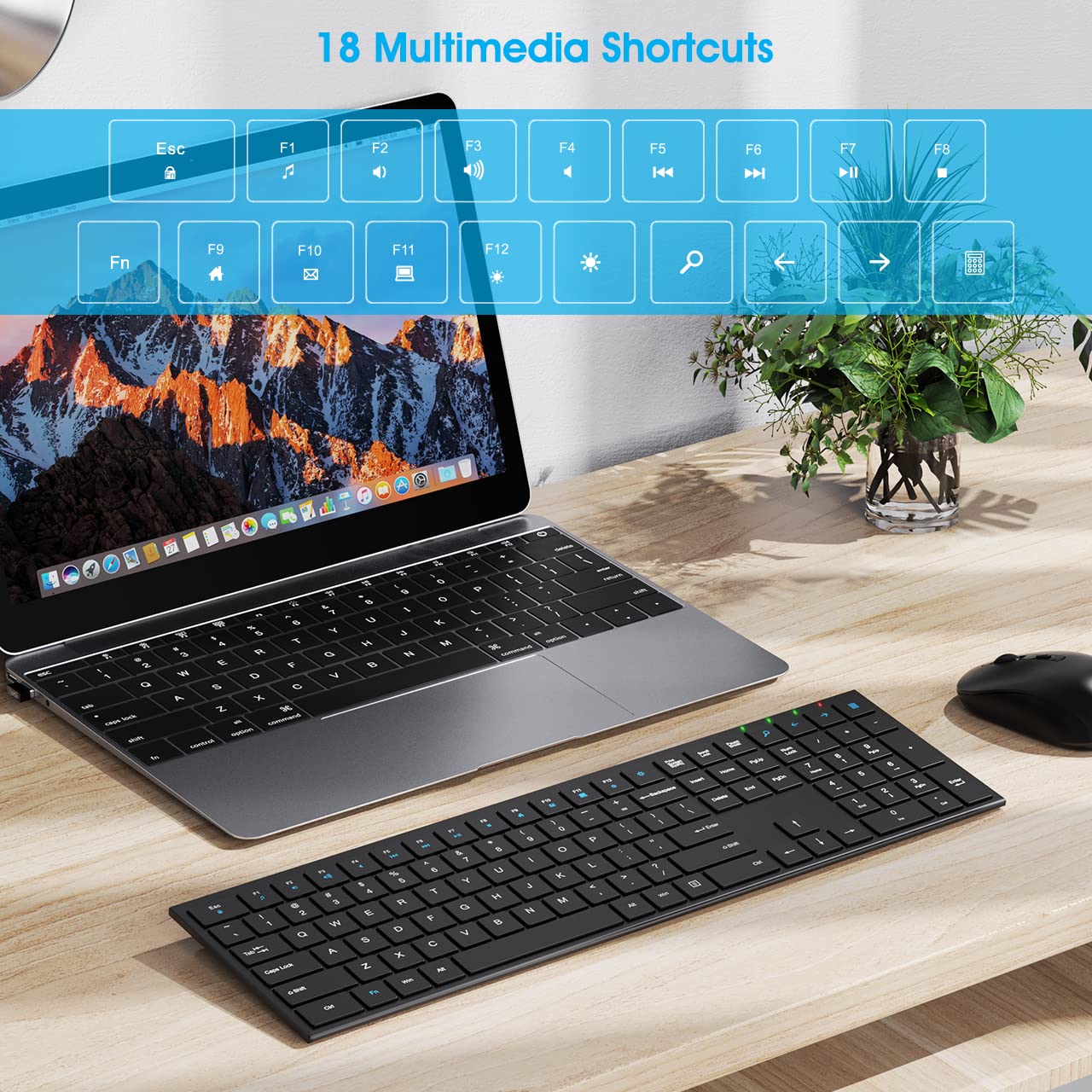 Trueque Wireless Keyboard, Full Size Ultra Slim Keyboard with Silent Keys, Number Pad, 2.4 GHz Wireless Ergonomic USB Computer Keyboard for Laptop, Windows, PC, Desktop, Mac, Black