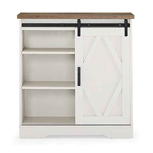 WAMPAT Rusitc Farmhouse Accent Buffet Sideboard Serving Console Cabinet Coffee Bar Entryway Table with Sliding Barn Door, Storage Shelves for Home Kitchen Bathroom, 35 inch, White