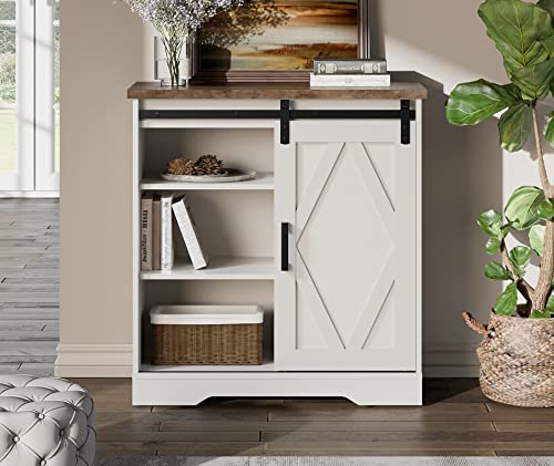 WAMPAT Rusitc Farmhouse Accent Buffet Sideboard Serving Console Cabinet Coffee Bar Entryway Table with Sliding Barn Door, Storage Shelves for Home Kitchen Bathroom, 35 inch, White