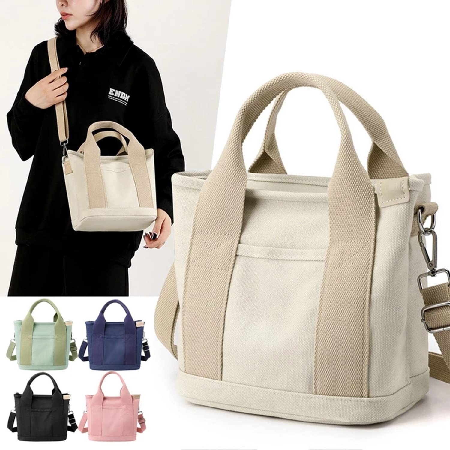 Large Capacity Multi-Pocket Handbag Japanese Handmade Tote Bag with Zipper Tote Purses Crossbody Bag Canvas Handbag for Women (A-Khaki)