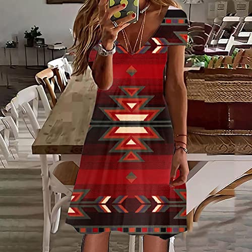 DUOWEI Ladies Casual Short Sleeve V Neck Dress Retro Print Mid Length Knee Length Skirt Red