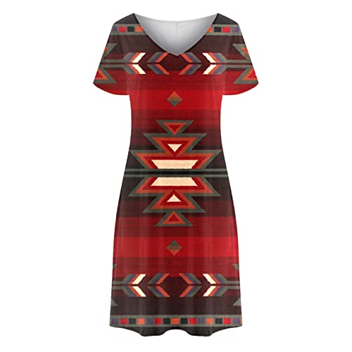 DUOWEI Ladies Casual Short Sleeve V Neck Dress Retro Print Mid Length Knee Length Skirt Red