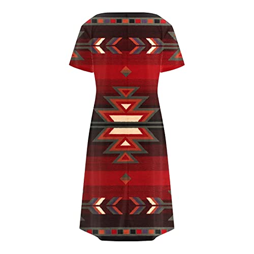 DUOWEI Ladies Casual Short Sleeve V Neck Dress Retro Print Mid Length Knee Length Skirt Red