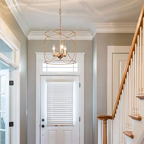 classy leaves Gold Chandelier, Gold Pendant Lighting, Cylinder Foyer Pendant Lighting for Kitchen Island & Dining Room, Gold Finish, 13’’ L x 13’’ W x 14’’ H