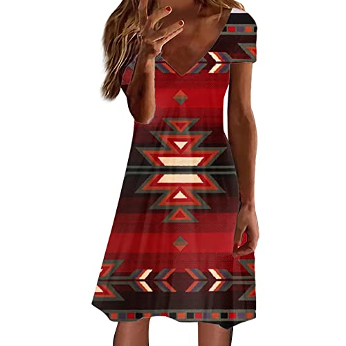 DUOWEI Ladies Casual Short Sleeve V Neck Dress Retro Print Mid Length Knee Length Skirt Red