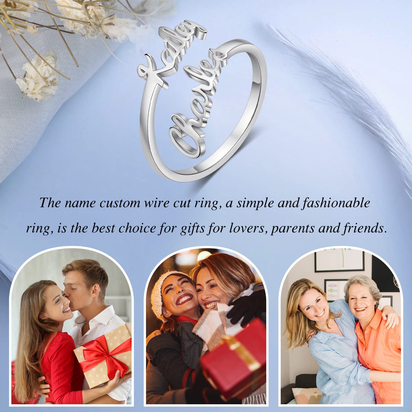 Gemsbe Personalized Name Ring for Women, Promise Rings for Her Custom Adjustable Names Rings Custom Jewelry for Sister Best Friend (Silver, 2 names)