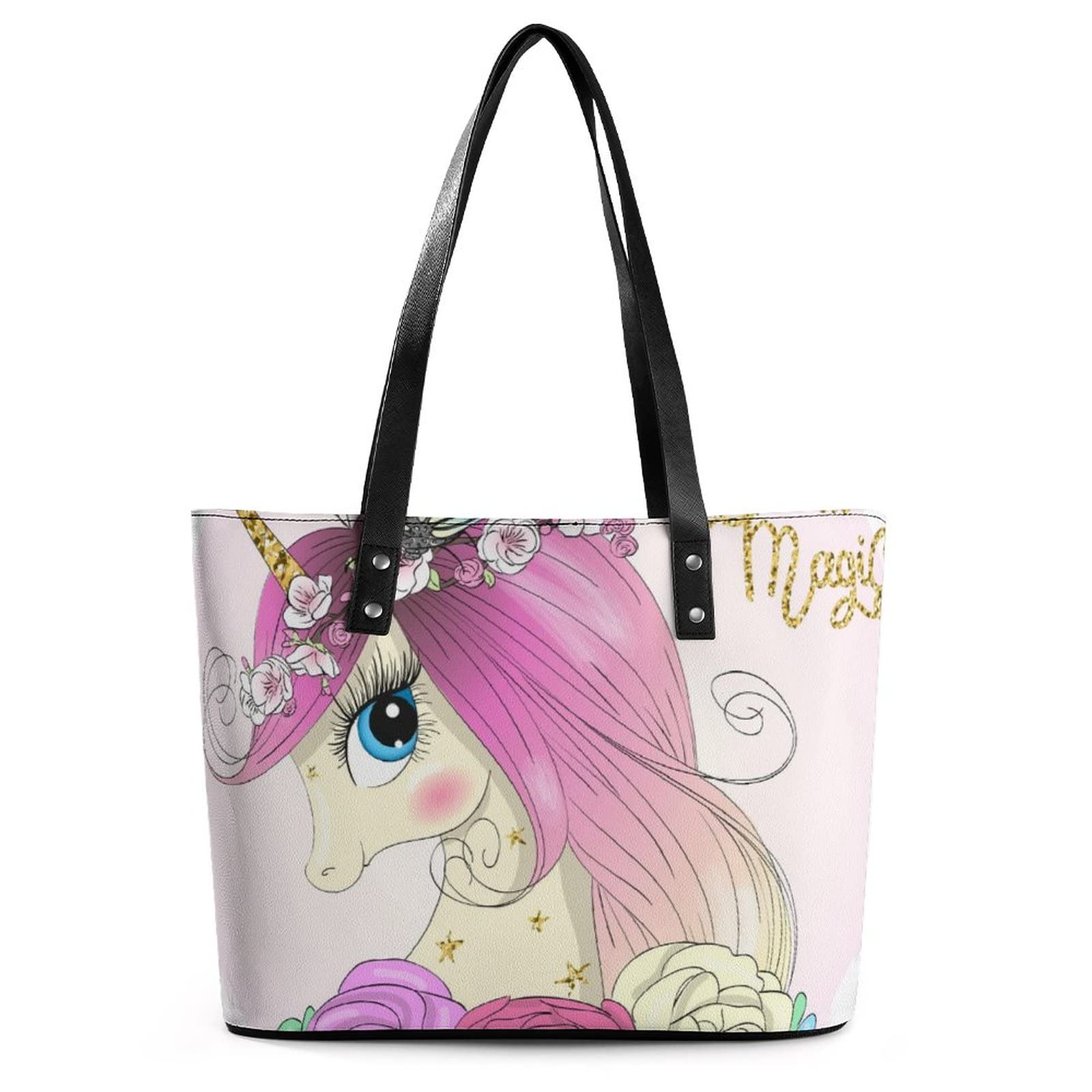 Womens Handbag Unicorn And Flowers And Butterfly Leather Tote Bag Top Handle Satchel Bags For Lady