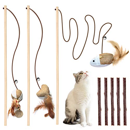 3 PCS Cat Wand Toys, 16 Inch Natural Wooden Cat Teaser Wand Toys with 5 PCS Silvervine Sticks for Cat, Interactive Cat Feather Wand Toy for Indoor Cats, Elastic String Cat Pole Toy with Bell, Feather
