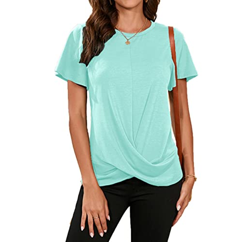 DUOWEI European and American Women's Independent Station Round Neck Solid Color Knotted Short Sleeve T Shirt Green