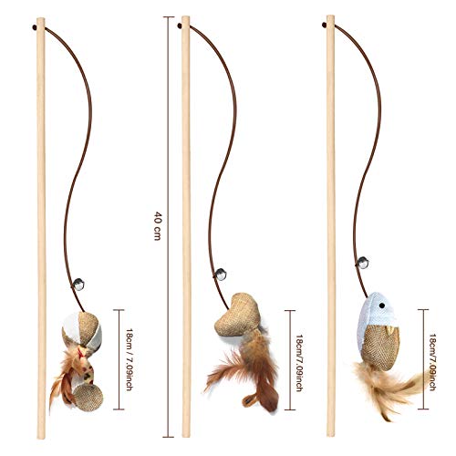 3 PCS Cat Wand Toys, 16 Inch Natural Wooden Cat Teaser Wand Toys with 5 PCS Silvervine Sticks for Cat, Interactive Cat Feather Wand Toy for Indoor Cats, Elastic String Cat Pole Toy with Bell, Feather
