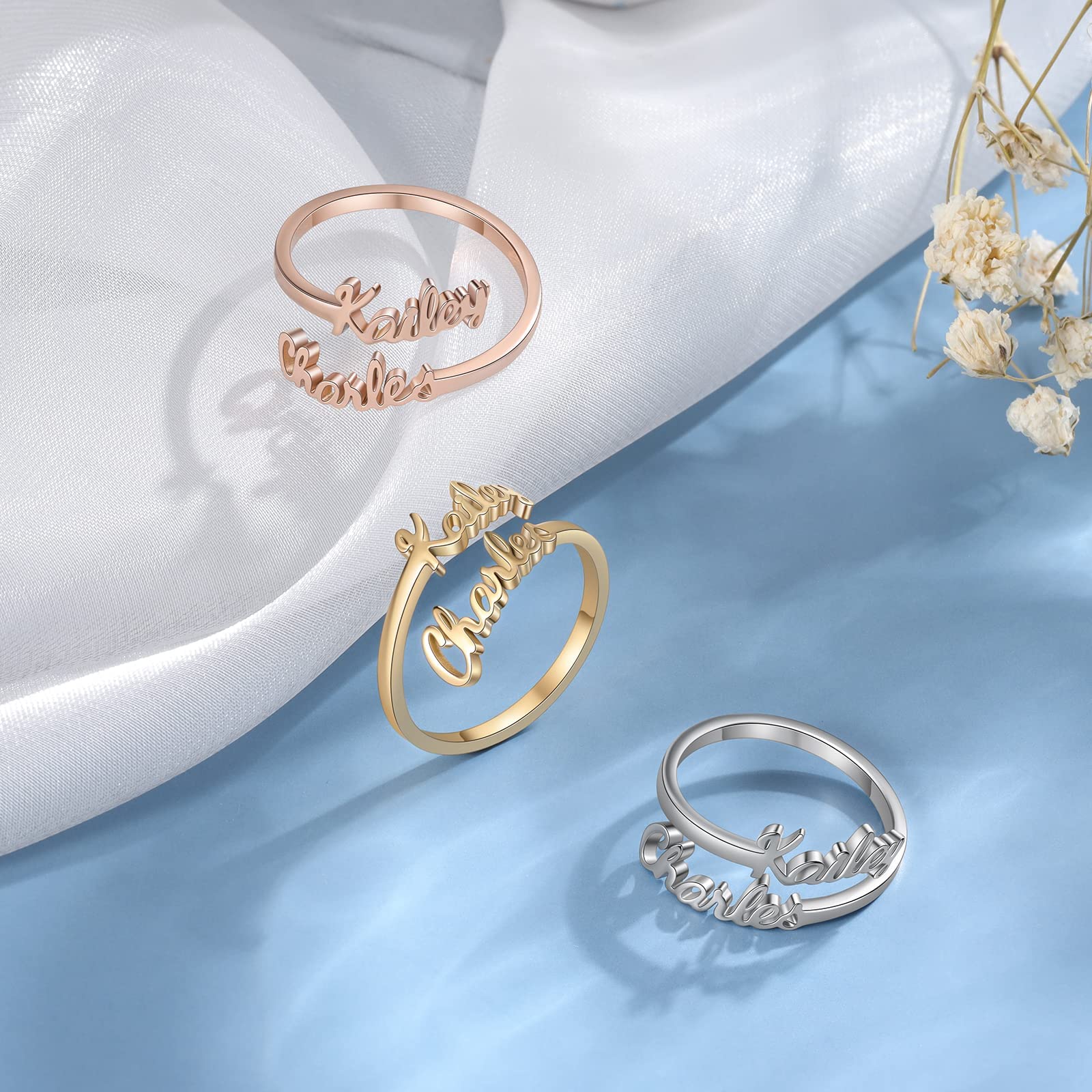 Gemsbe Personalized Name Ring for Women, Promise Rings for Her Custom Adjustable Names Rings Custom Jewelry for Sister Best Friend (Silver, 2 names)
