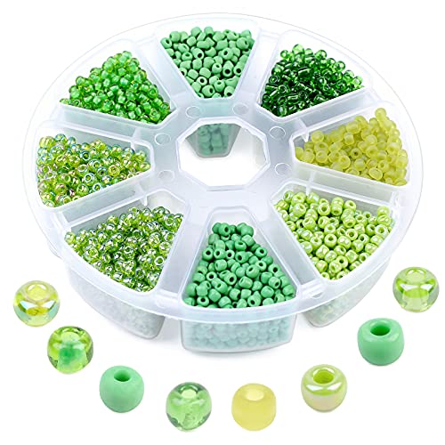 3600 Pcs Glass Seed Beads, 3mm 8/0 Bracelet Beads Set, Assorted Glass Beads with 8-Grid Plastic Storage Box, Small Round Beads for Jewelry Making - Green Series