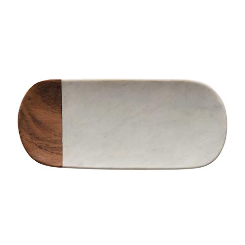 Creative Co-Op White Marble & Acacia Wood Serving Tray, White & Natural Cutting Board, 12" x 5.25"