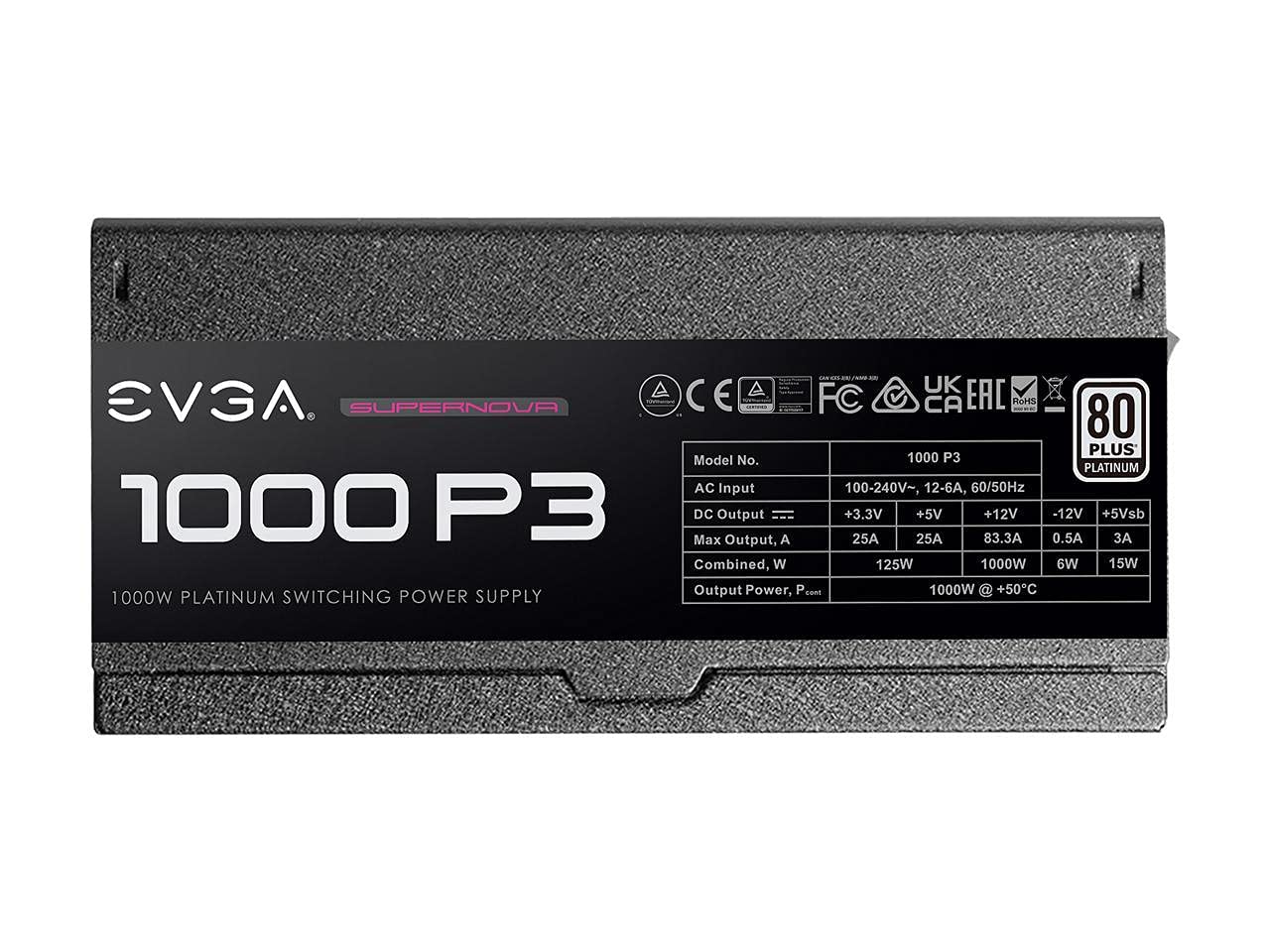 EVGA Supernova 1000 P3, 80 Plus Platinum 1000W, Fully Modular, Eco Mode with FDB Fan, Includes Power ON Self Tester, Compact 180mm Size, Power Supply 220-P3-1000-X1