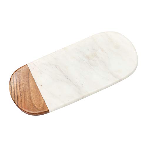 Creative Co-Op White Marble & Acacia Wood Serving Tray, White & Natural Cutting Board, 12" x 5.25"