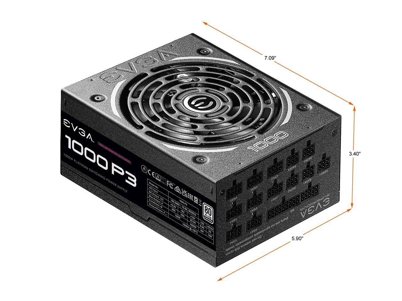 EVGA Supernova 1000 P3, 80 Plus Platinum 1000W, Fully Modular, Eco Mode with FDB Fan, Includes Power ON Self Tester, Compact 180mm Size, Power Supply 220-P3-1000-X1