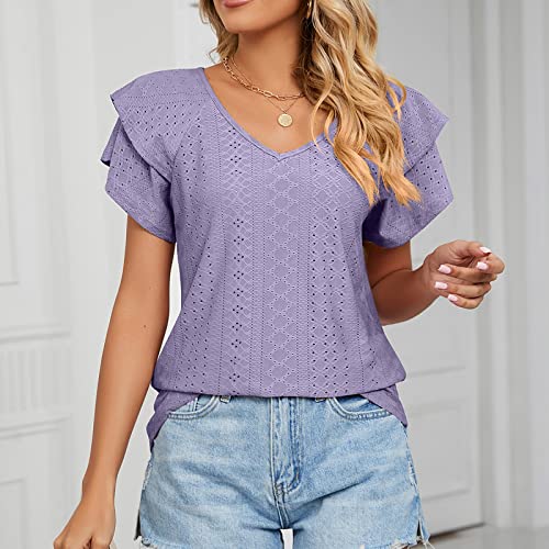 Spring and Summer New Short Sleeve V Neck Shrink Pleated Solid Color Loose Tee Shirt Top Purple