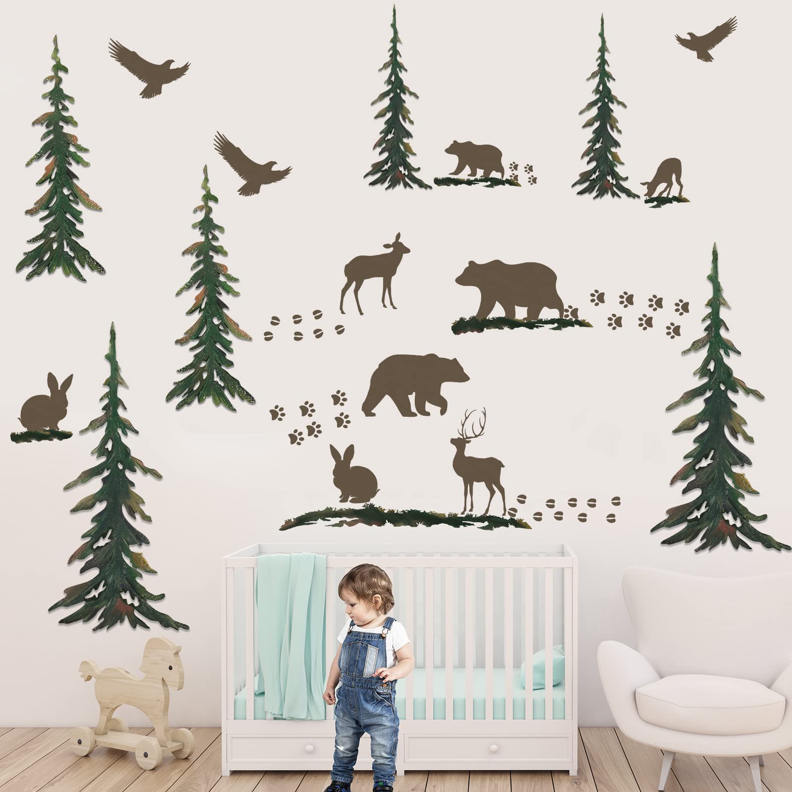 62 Pieces Forest Wall Decal Wild Animal Nursery Wall Decals Woodland Vinyl Wall Decals Forest Wallpaper Pine Tree Forest Decor Forest Animal Bear Deer Wall Sticker for Christmas Kids DIY Bedroom