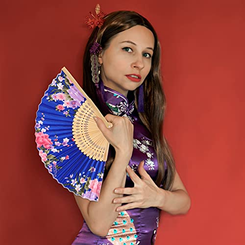 RAZZUM 2 Pcs Floral Folding Hand Fan Chinese Vintage Retro Silk Handheld Fans with Frames for Wedding Dancing Church Party Gifts Blue Fan