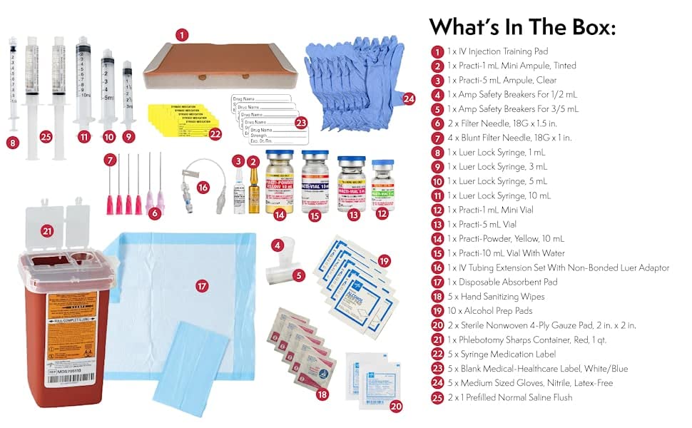 Anatomy Lab Parenteral Medication Training Kit with Injection Pad, 60 Piece Kit Practice to Perfect Venious and Injection Medication Preparation and Administration, Venipuncture and Injection Skills