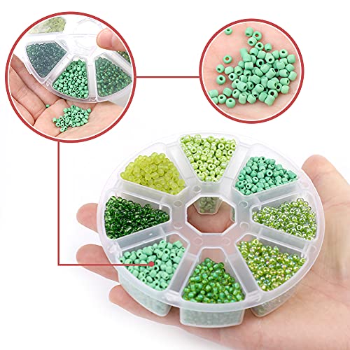 3600 Pcs Glass Seed Beads, 3mm 8/0 Bracelet Beads Set, Assorted Glass Beads with 8-Grid Plastic Storage Box, Small Round Beads for Jewelry Making - Green Series