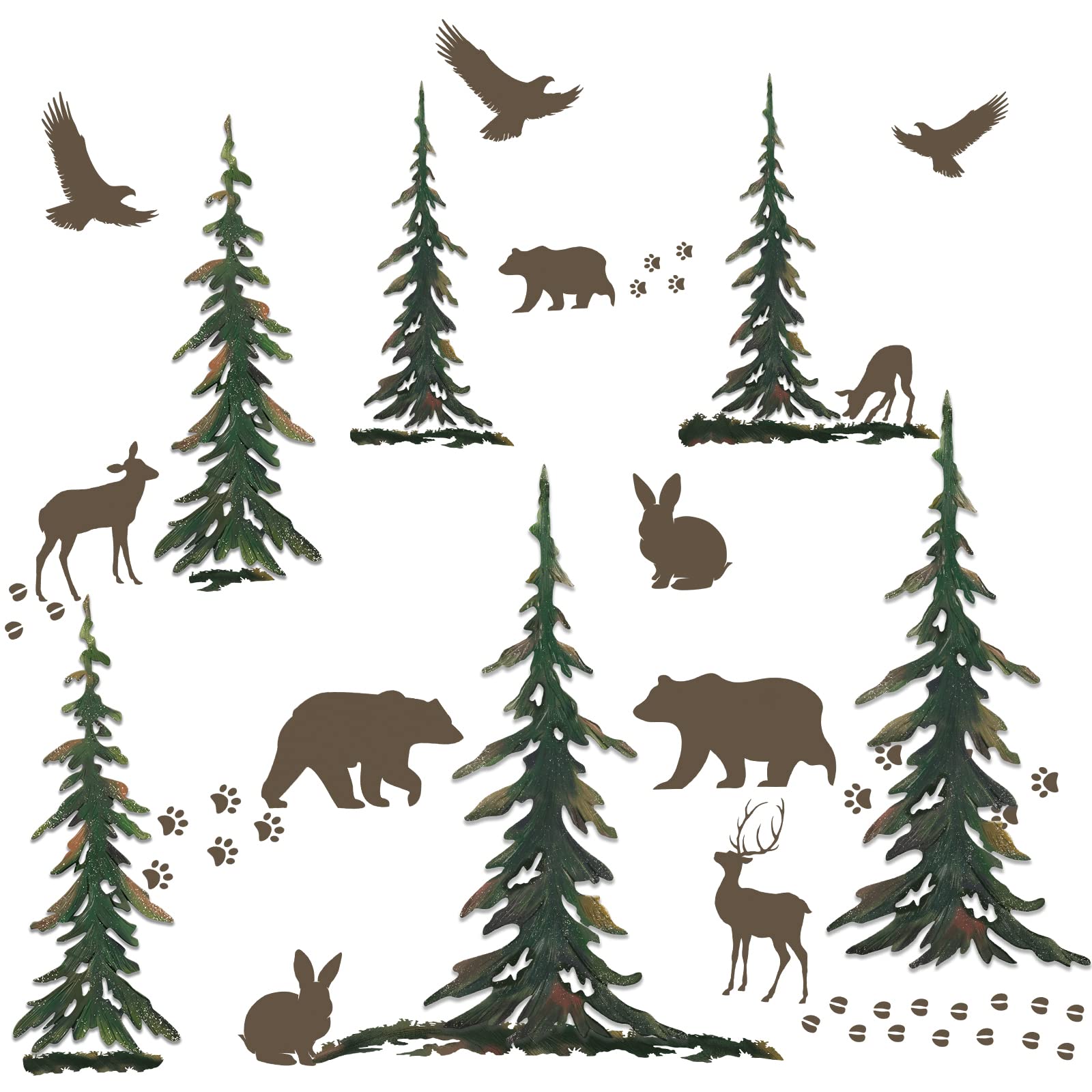 62 Pieces Forest Wall Decal Wild Animal Nursery Wall Decals Woodland Vinyl Wall Decals Forest Wallpaper Pine Tree Forest Decor Forest Animal Bear Deer Wall Sticker for Christmas Kids DIY Bedroom