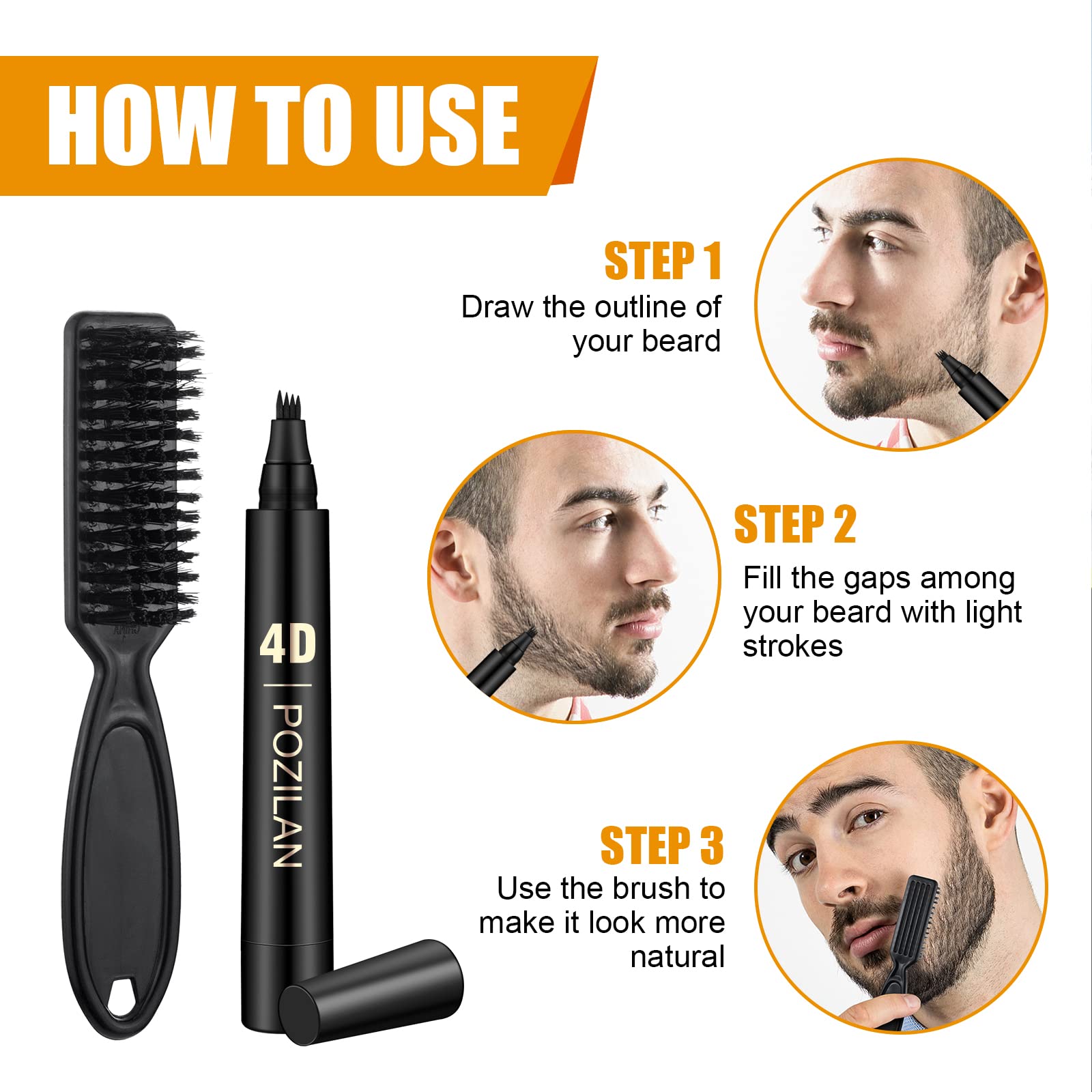 Long-Lasting Water-Resistant Black Men's Beard Grooming Kit - Micro-Fork Tip Pen, Bristle Brush for Natural Looking Mustache, Eyebrows, and Facial Hair Styling