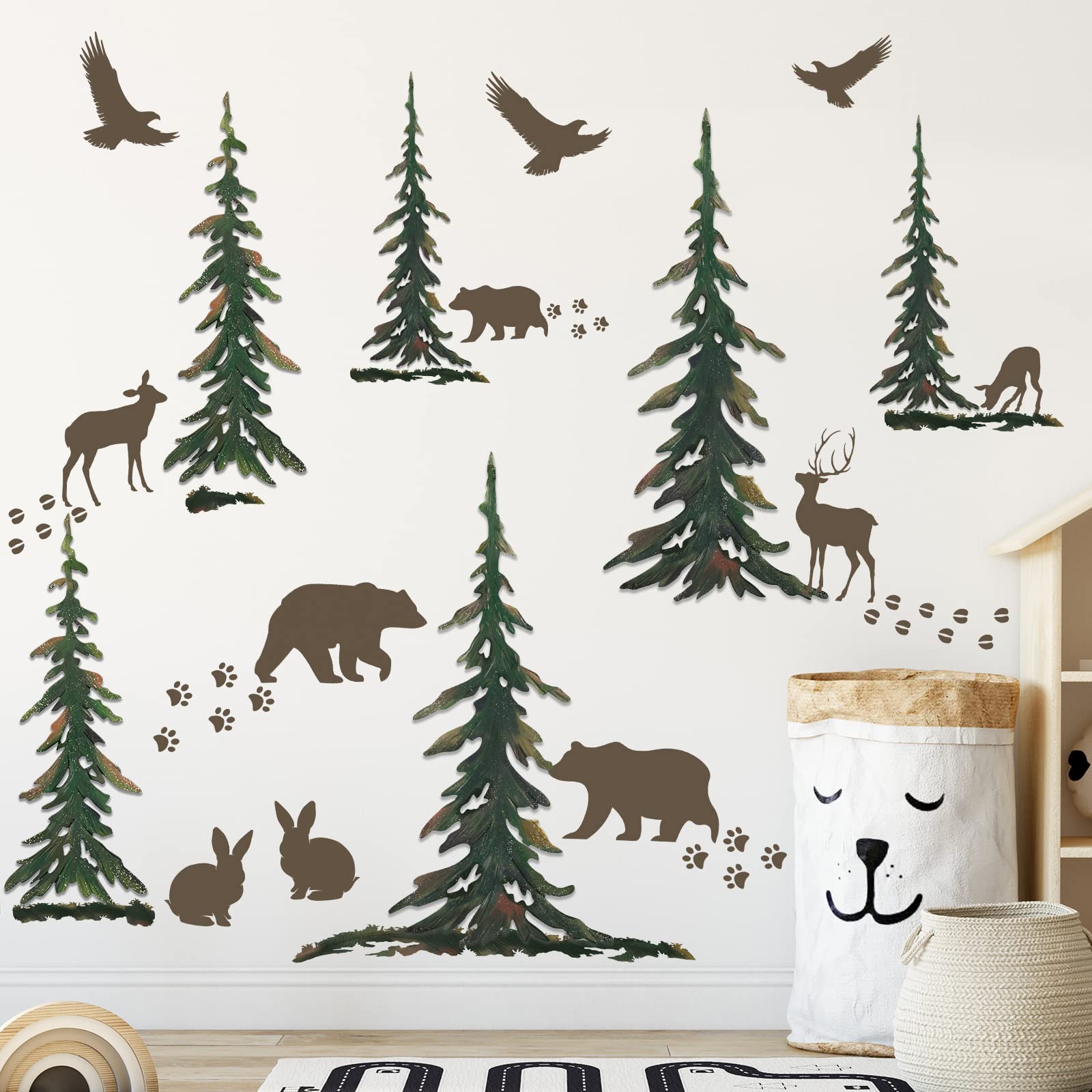 62 Pieces Forest Wall Decal Wild Animal Nursery Wall Decals Woodland Vinyl Wall Decals Forest Wallpaper Pine Tree Forest Decor Forest Animal Bear Deer Wall Sticker for Christmas Kids DIY Bedroom