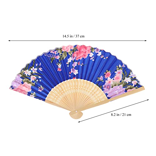 RAZZUM 2 Pcs Floral Folding Hand Fan Chinese Vintage Retro Silk Handheld Fans with Frames for Wedding Dancing Church Party Gifts Blue Fan