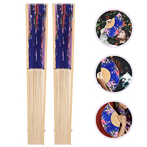 RAZZUM 2 Pcs Floral Folding Hand Fan Chinese Vintage Retro Silk Handheld Fans with Frames for Wedding Dancing Church Party Gifts Blue Fan