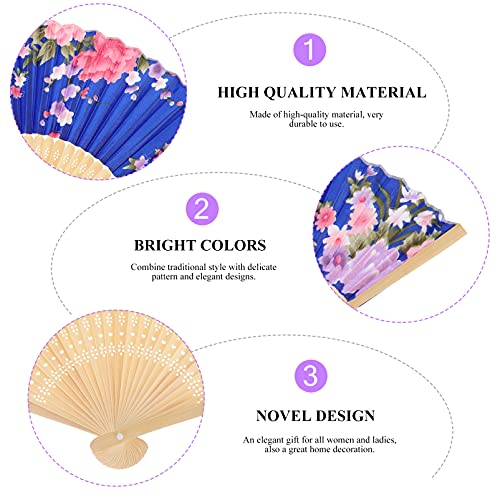 RAZZUM 2 Pcs Floral Folding Hand Fan Chinese Vintage Retro Silk Handheld Fans with Frames for Wedding Dancing Church Party Gifts Blue Fan
