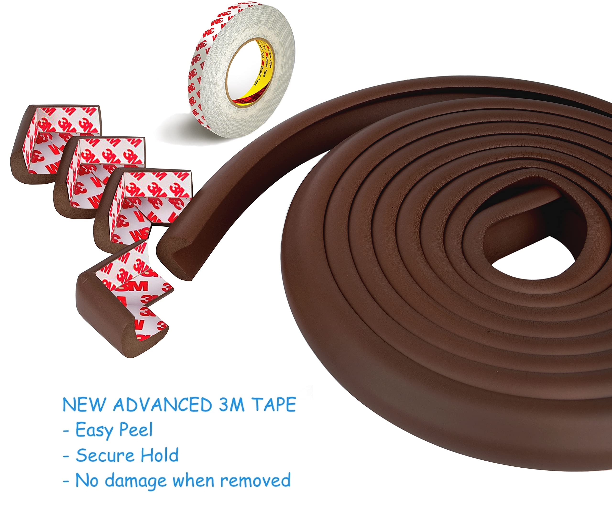 Furniture Edge and Corner Guards | 16.2ft +20.4ft Protective Foam Cushion |36ft Bumper 12 Adhesive Childsafe Corners | Baby Child Proofing Set NonToxic and Safe for Table, Fireplace, Countertop Brown