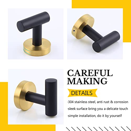 APLusee Robe Towel Hook Matte Black and Gold, 304 Stainless Steel Single Prong Coat Hook Bathroom Kitchen Garage Home Storage Round Utility Hanger