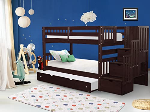 Bedz King Stairway Bunk Beds Twin over Twin with 3 Drawers in the Steps and a Twin Trundle, Dark Cherry