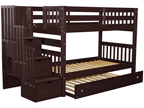 Bedz King Stairway Bunk Beds Twin over Twin with 3 Drawers in the Steps and a Twin Trundle, Dark Cherry