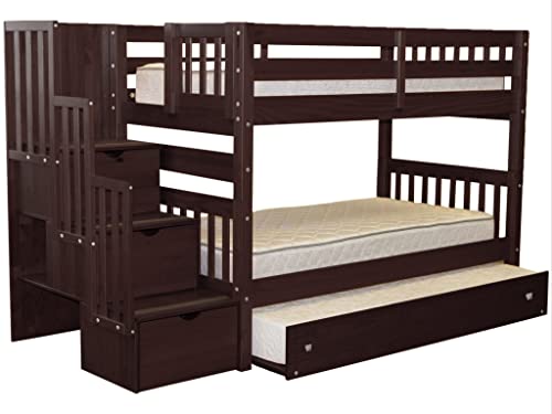 Bedz King Stairway Bunk Beds Twin over Twin with 3 Drawers in the Steps and a Twin Trundle, Dark Cherry