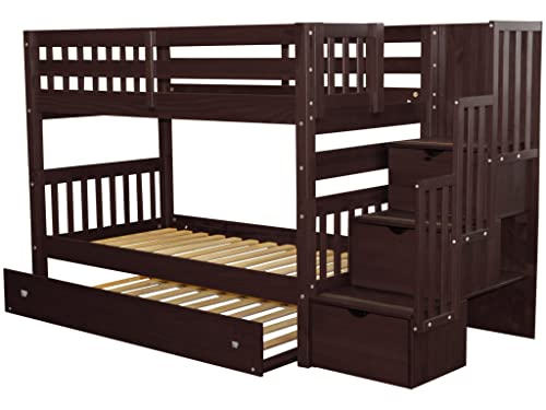 Bedz King Stairway Bunk Beds Twin over Twin with 3 Drawers in the Steps and a Twin Trundle, Dark Cherry