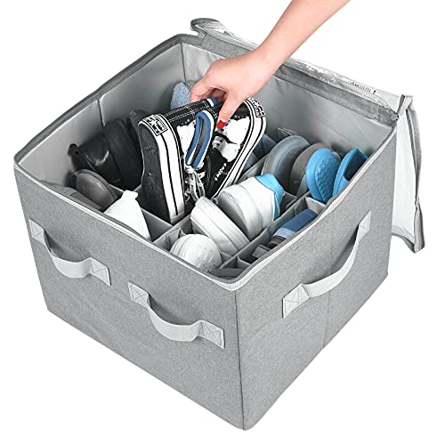 Moteph Shoe Organizer Closet Storage Solution with Clear Cover & Adjustable Dividers for Shoes, Handbags, Blankets, Linen, Clothing (Grey, Small - 12 Pairs)