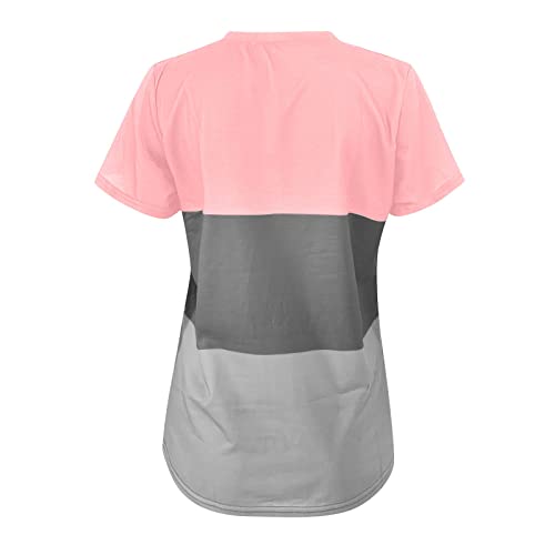 2023 Spring Summer New Matching Short Sleeve Top Shirt Women Loose Versatile Top Color Matching Pink