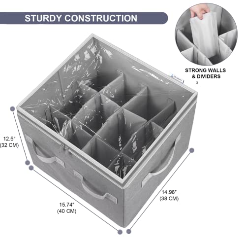 Moteph Shoe Organizer Closet Storage Solution with Clear Cover & Adjustable Dividers for Shoes, Handbags, Blankets, Linen, Clothing (Grey, Small - 12 Pairs)