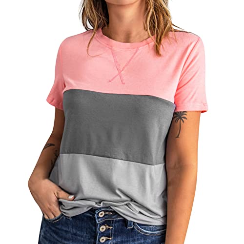 2023 Spring Summer New Matching Short Sleeve Top Shirt Women Loose Versatile Top Color Matching Pink
