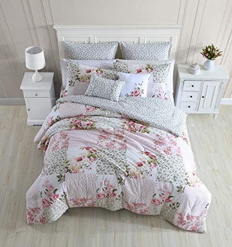 Laura Ashley Home - King Comforter Set, Reversible Cotton Bedding, Includes Matching Shams with Bonus Euro Shams & Throw Pillows (Ailyn Pink, King)
