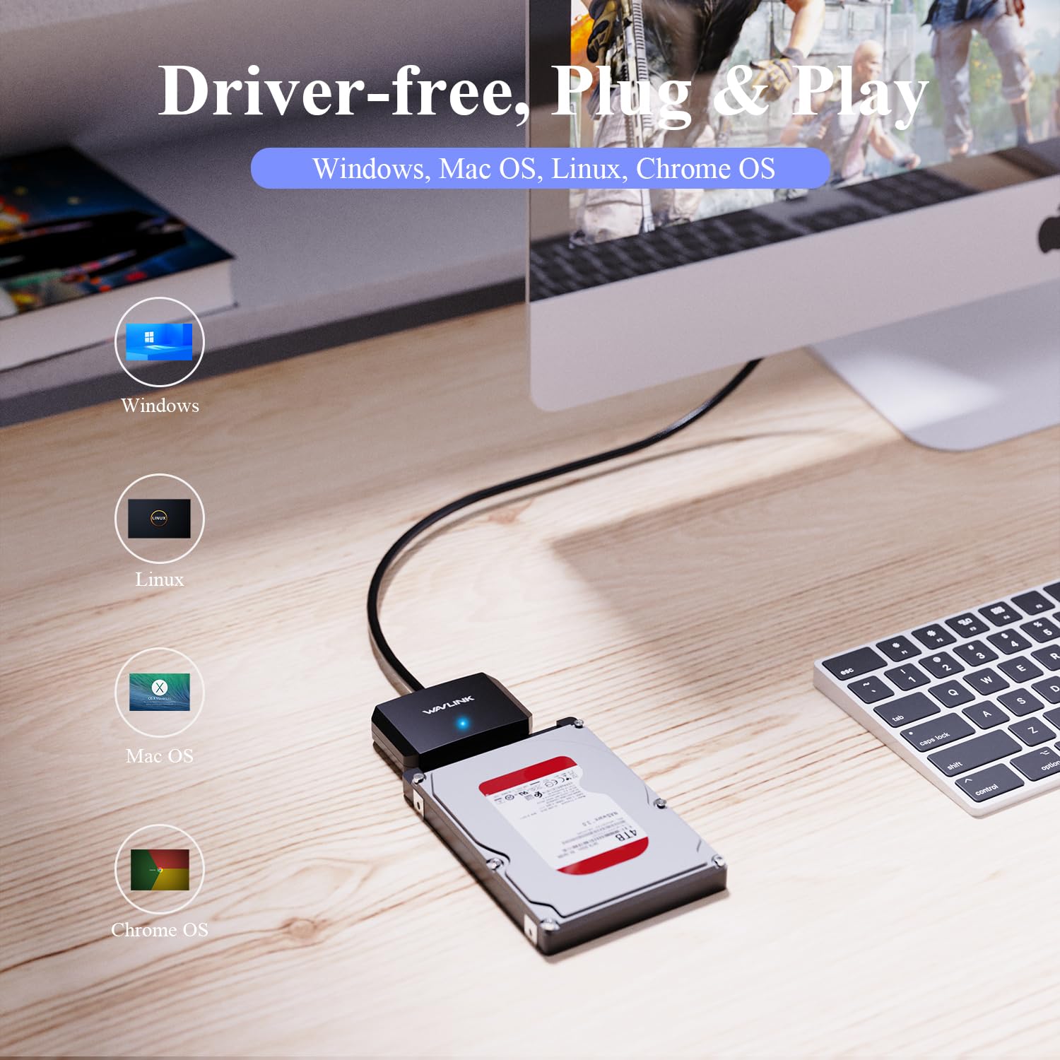WAVLINK SATA to USB 3.0 Hard Drive Cable, 5Gbps USB3.0 to Sata Cable Support UASP, External Hard Drive SATA I/II/III Connector for 2.5, 3.5 inch HDD SSD Data up to 18TB - Include 12V/2A Power Adapter