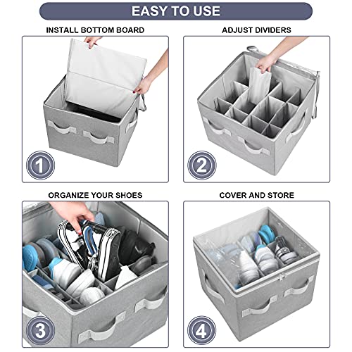 Moteph Shoe Organizer Closet Storage Solution with Clear Cover & Adjustable Dividers for Shoes, Handbags, Blankets, Linen, Clothing (Grey, Small - 12 Pairs)