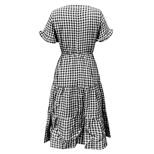 New Pleated Wrap Lace Up Short Sleeve Square Collar Long Plaid Dress Black