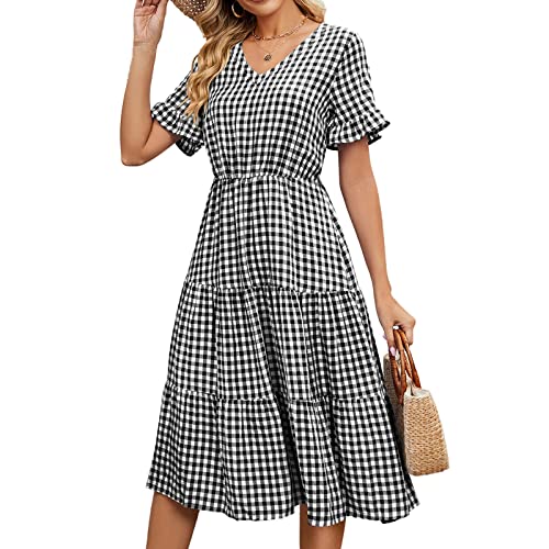New Pleated Wrap Lace Up Short Sleeve Square Collar Long Plaid Dress Black