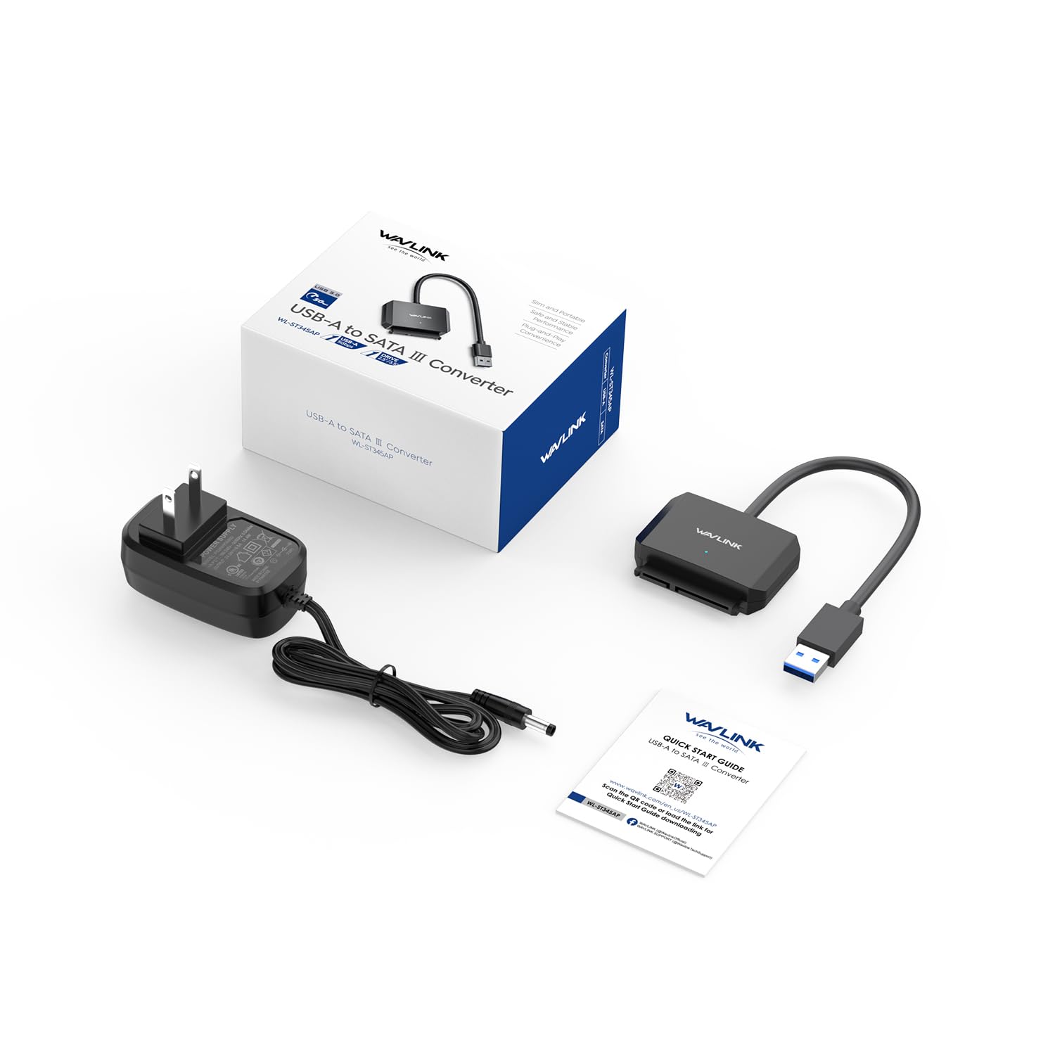 WAVLINK SATA to USB 3.0 Hard Drive Cable, 5Gbps USB3.0 to Sata Cable Support UASP, External Hard Drive SATA I/II/III Connector for 2.5, 3.5 inch HDD SSD Data up to 18TB - Include 12V/2A Power Adapter