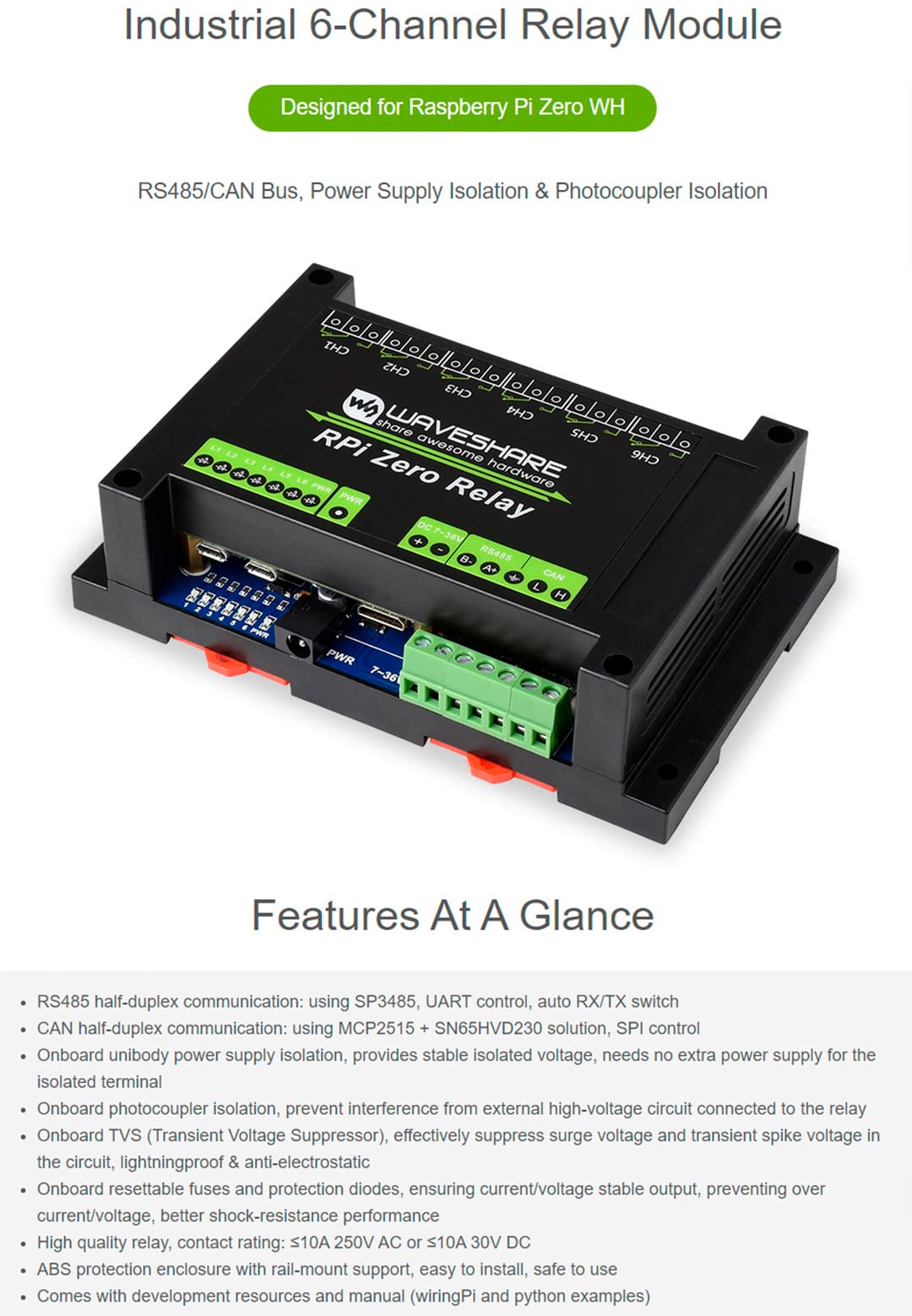 Waveshare Industrial 6-CH Relay Module for Raspberry Pi Zero, RS485/CAN Half-Duplex Communication, Auto RX/TX Switch, MCP2515 + SN65HVD230 Solution, SPI Control