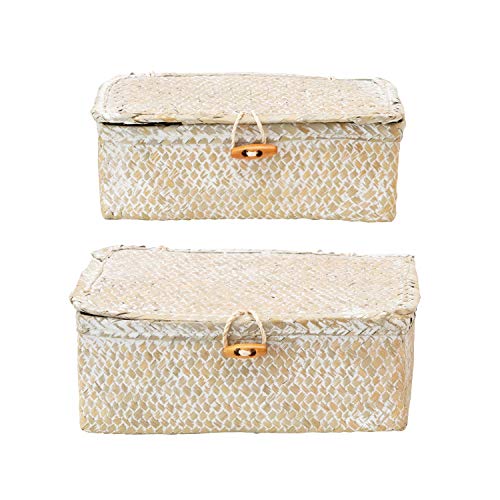 Creative Co-Op Hand-Woven Seagrass Lids & Toggle Closure, Whitewashed, Set of 2 Storage Box, 2 Count