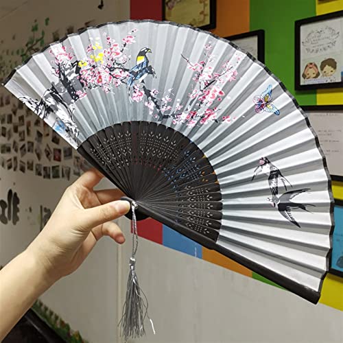 PHONME Multipurpose Vintage Folding Fan Chinese Style Cloth Bamboo Floral Printed Fan with Tassel Dance Performance Party Hand Fan Decor Craft for Decoration Vintage style (Color : D)